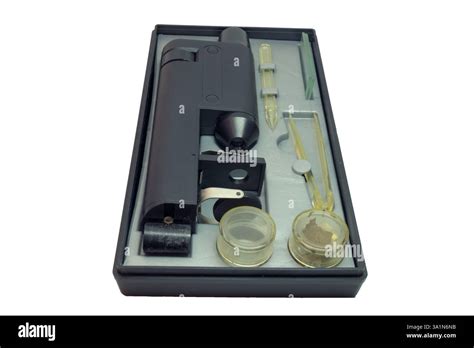Educational Microscope In Portable Case For Storing With Tools And Asseseories Isolated On
