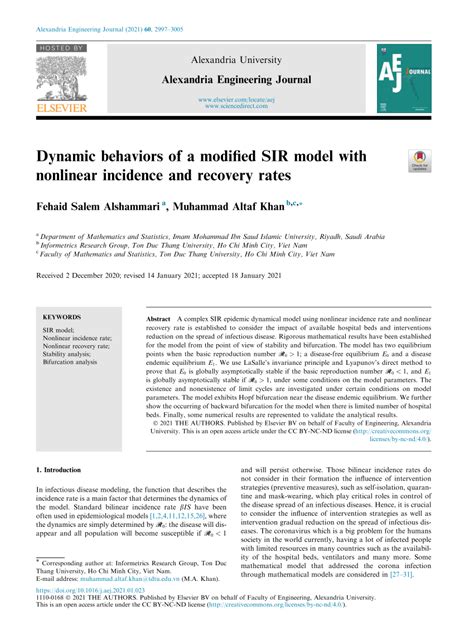 Pdf Dynamic Behaviors Of A Modified Sir Model With Nonlinear Incidence And Recovery Rates