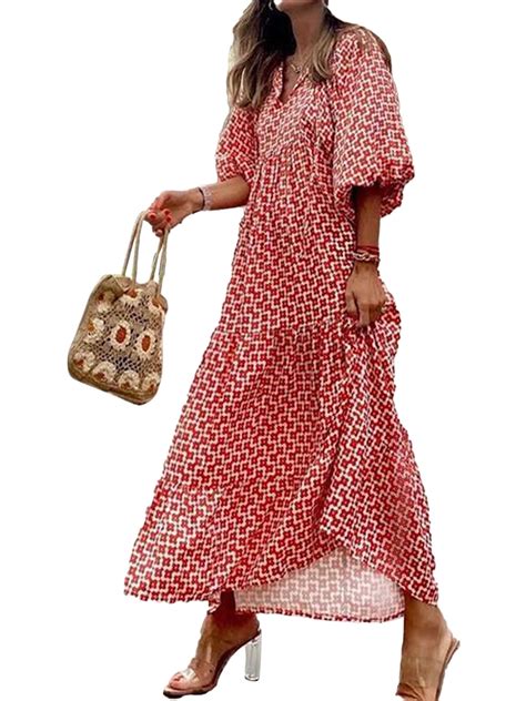 Thaisu Women Boho Floral Puff Sleeve Tiered Maxi Dress Casual Layered