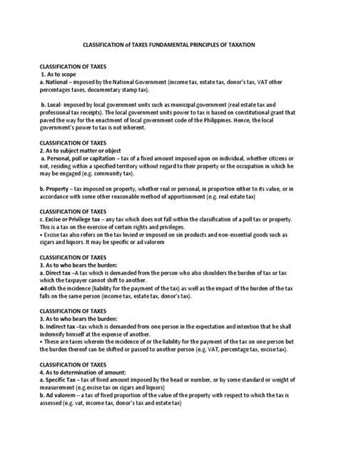 Classification Of Taxes Fundamental Principles Of Taxation Word Pdf