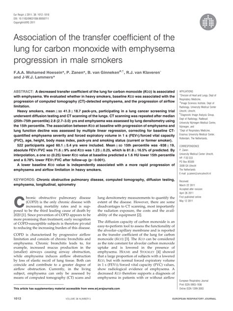 Pdf Association Of The Transfer Coefficient Of The Lung For Carbon