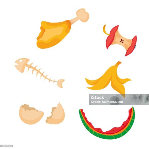 有機ゴミのリサイクルのベクターイラスト使用済みチキンリンゴスイカ壊れた卵魚の骨のセットソートされたゴミ箱ガベージ分離 堆肥のベクターアート