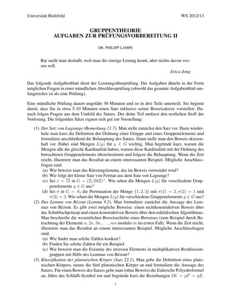 Gruppentheorie Aufgaben Zur Pr Ufungsvorbereitung Ii