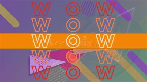 Animation Of Wow Text Banner Over Abstract Colorful Shapes Against