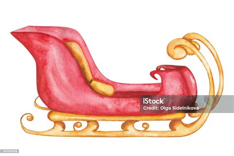 빨간색과 황금색 노란색 썰매를 칠한 손의 수채화 그림 산타클로스 썰매 순록을위한 썰매 빈티지 운송 새해 인쇄 크리스마스 엽서