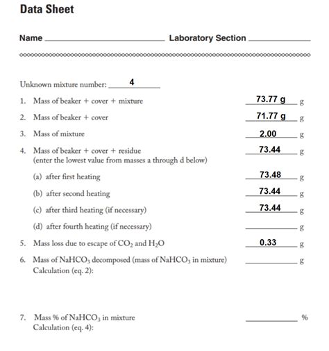 solved data sheet name laboratory section unknown mixture
