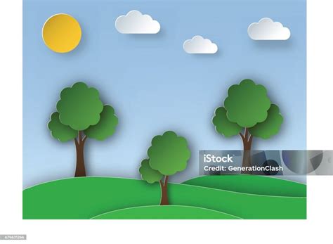 陽光明媚的自然景觀與樹木和草地在紙的藝術風格賀卡設計向量圖形及更多夏天圖片 夏天 矢量圖 卡通 Istock