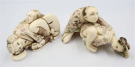 Two Hand Carved Signeed Japanese Ivory Erotica Netsuke Sold At Auction