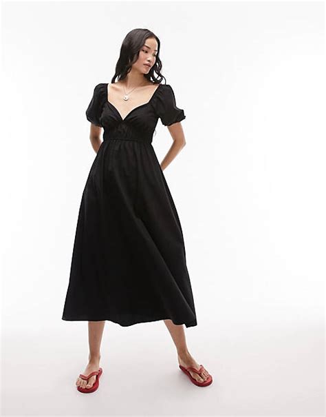 Topshop Gerafftes Midikleid Aus Popeline In Schwarz Asos