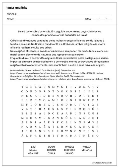 Atividades Sobre Religiões Afro Brasileiras Para Imprimir Toda Matéria
