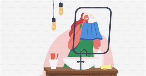 아침 루틴 젊은 여성 캐릭터는 거울 앞에 서서 욕실에 세면대를 세운다 수건과 가운을 입은 소녀가 얼굴 피부 관리나 위생 절차를 밟고 있다 만화 벡터 일러스트레이션 벡터