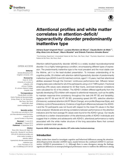 Pdf Attentional Profiles And White Matter Correlates In Attention Deficit Hyperactivity