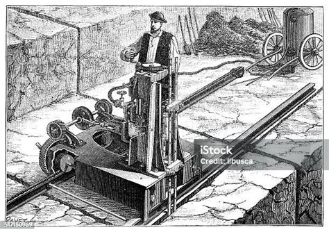 Antique Illustration Of Stone Cutting Machine向量圖形及更多19世紀風格圖片 19世紀風格