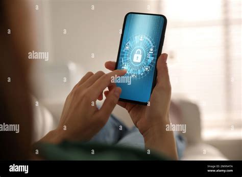 Cyber Security Concept Woman Using Application On Phone Closeup Stock Photo Alamy
