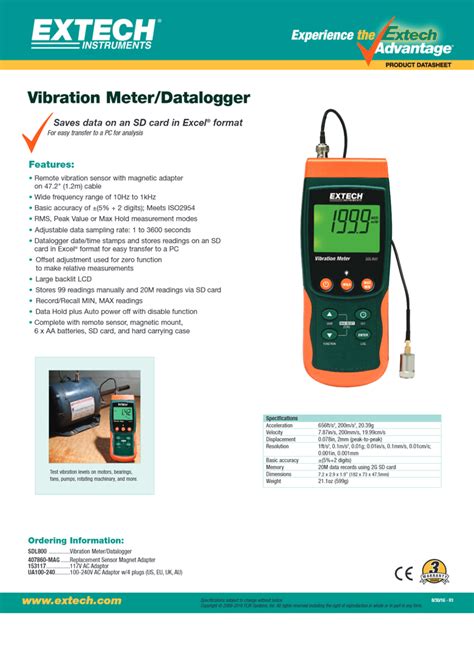 10hz To 1khz Lcd Extech Vibration Meter Model Namenumber Sdl800 6 X