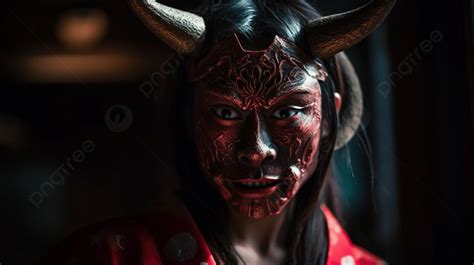 Woman Wearing A Devil Mask Background A Woman Wearing A Demon Mask