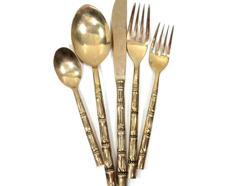 Vintage Brass Flatware Set With Bamboo Handle Design Single Place