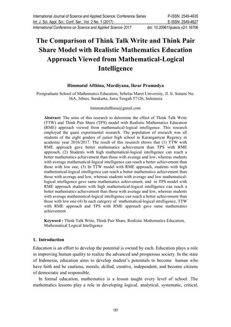 Pdf The Comparison Of Think Talk Write And Think Pair Share Model With Realistic Mathematics