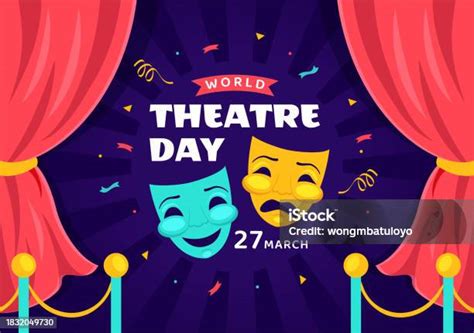 세계 연극의 날 벡터 일러스트 레이 션 3 월 27 일 마스크와 빨간 커튼 평면 만화 배경에서 공연 예술과 엔터테인먼트를