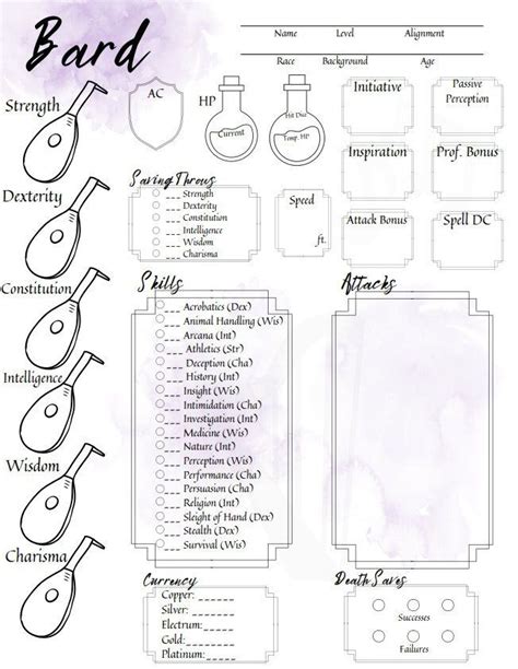 Bard Character Sheet Set Etsy Character Sheet Dnd Character Sheet Bard