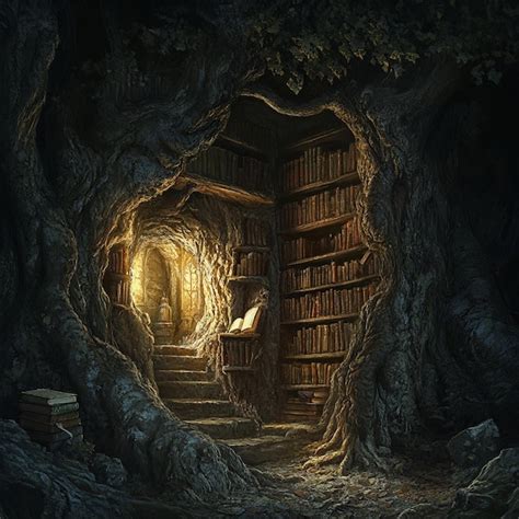 Ancient magic library hidden within a hollow tree books glowing with enchantment | Premium AI ...