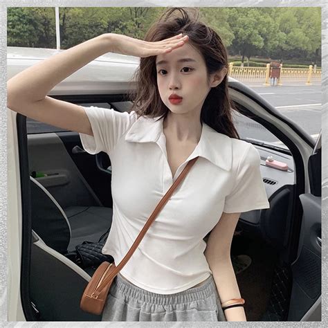 Women Polo Collar T Shirt Female Slim Solid Color V Neck Short Sleeved
