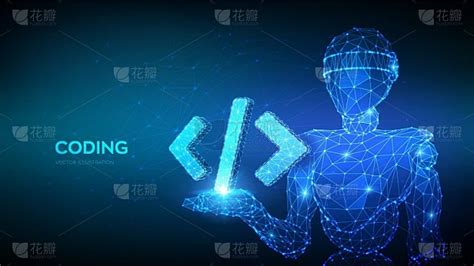 编程代码图标。摘要手持编程代码符号的三维机器人。编码或黑客背景。自动化软件技术流程系统。发展概念。矢素材 花瓣网