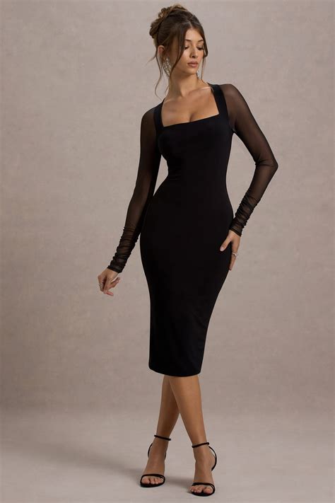 Off Track Black Bodycon Midi Dress With Sheer Sleeves Club L London Aus