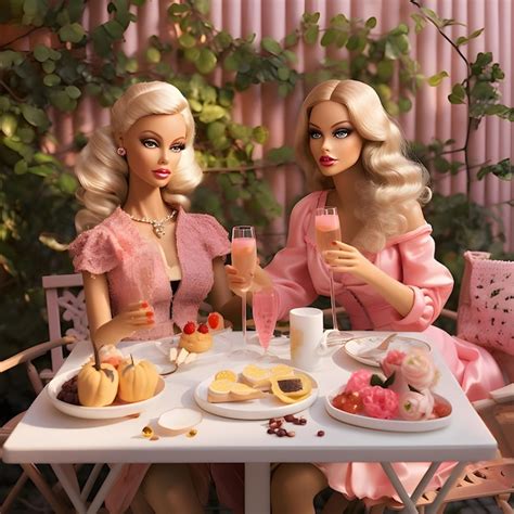 Premium Ai Image Two Barbie Dolls In Pink Outfits Sit At A Table Set