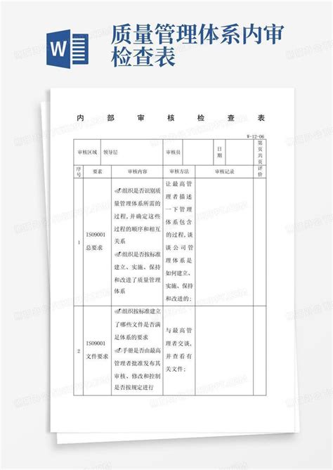 质量管理体系内审检查表word模板下载编号lxgnmnen熊猫办公