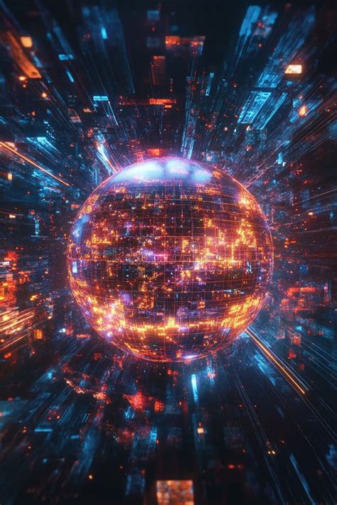 Holographic Grid Sphere Pulsing With Energy Geometric Subdivisions Stock Illustration