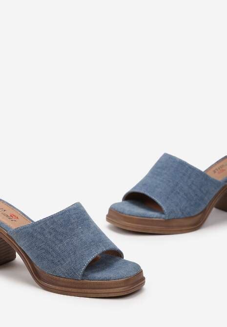 Niebieskie Klapki Z Ekoskóry Na Drewnianej Podeszwie I Słupku Parrisa