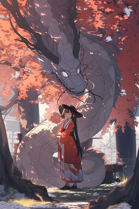 森林里的小女孩和龙插画高清图片下载 包图网