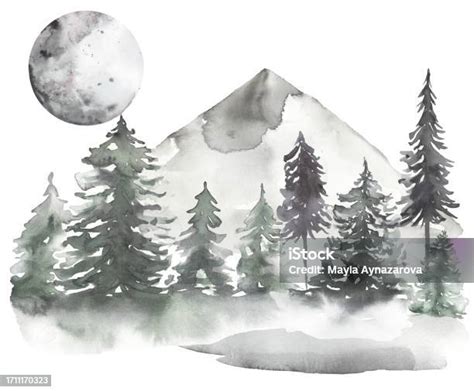 수채화 숲 나무 달과 산의 매끄러운 테두리 삼림 반복 테두리 나무 구성 겨울 자연 프레임 0명에 대한 스톡 벡터 아트 및 기타