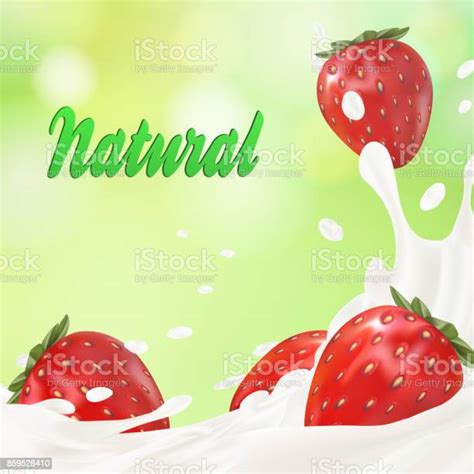 우유 광고 또는 3d 딸기 요구르트 맛 프로 모션입니다 흰색 절연 과일 우유 스플래시입니다 인스턴트 오트밀 광고 오픈 필드 배경 3d 그림 야쿠르트에 대한 스톡 벡터 아트