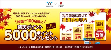 楽天ポイントカード 【solato】複数回のご利用で当選確率up！抽選で100名様に5000ポイントプレゼント キャンペーン一覧