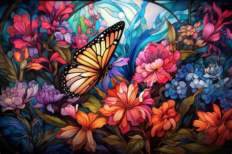 Colorful Stained Glass Butterfly And Flowers Image Premium Ai