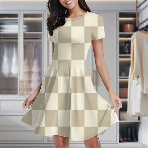 Beige And White Checkered Pattern Womens Classic Swing Skater Dress