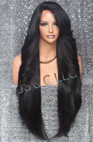 Human Hair Blend Long Full Lace Front Wig Layered Wavy Black Heat Ok