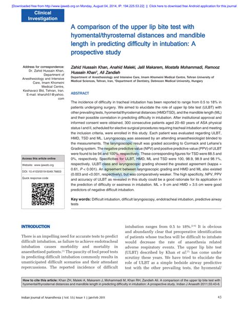 Pdf A Comparison Of The Upper Lip Bite Test With Hyomentalthyrosternal Distances And Mandible