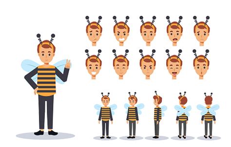 할로윈 축제trick 또는 치료에 대한 꿀벌 의상을 입은 어린 소년 전면 측면 백 뷰 애니메이션 문자 다양한 보기 만화 스타일 플랫 벡터 일러스트레이션으로 설정된 벡터