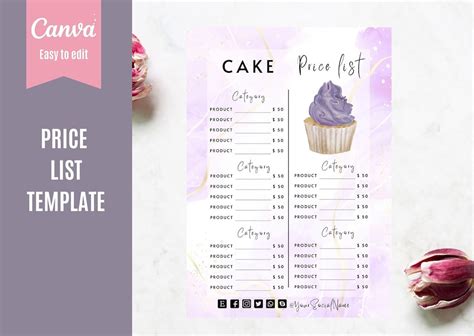 Editable Cake Price List Template For Canva Bakery Business Price List
