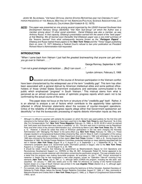 Pdf Vietnam Official United States Reporting And The Credibility Gap