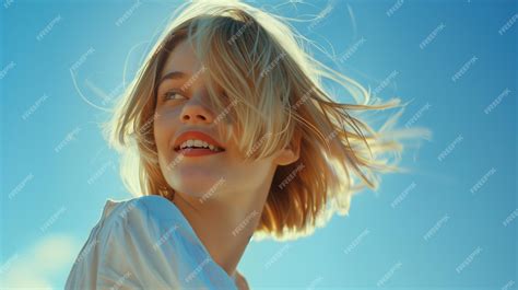 Premium Photo Blonde Woman Standing In Front Of Blue Sky