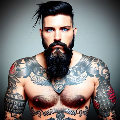 Black Short Hair Black Beard Tattoos Piercings Blue Eyes Arthubai