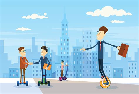 사업가들 모둠을 탈것 Segway 전동 스쿠터를 타세요 현대적이다 전송 위의 경영자에 대한 스톡 벡터 아트 및 기타 이미지