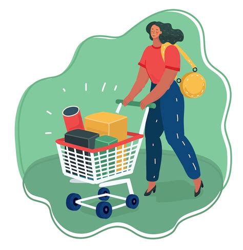 상자로 가득 찬 쇼핑 카트를 밀고 있는 여자 프리미엄 벡터