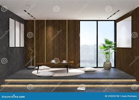 3d Render Of Tatami Side The Window With Lowertable Wood Panel And