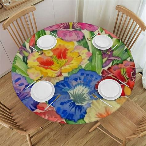 Elastic Fitted Round Table Covers Tablecloths Summer Colorful Iris