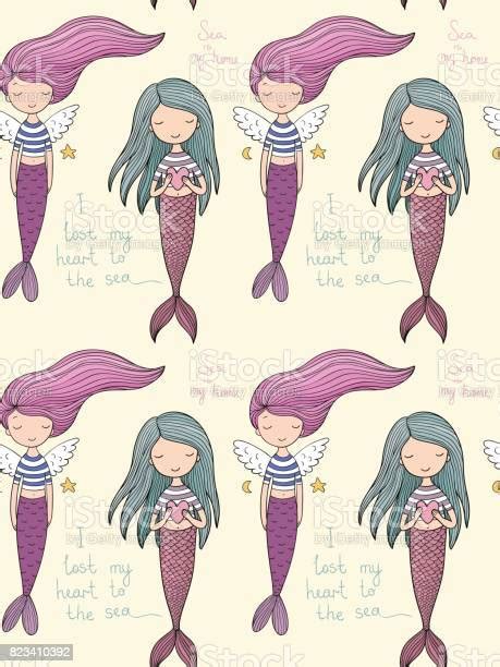 귀여운 인 어와 패턴입니다 사이렌입니다 바다 테마입니다 아이에 대한 스톡 벡터 아트 및 기타 이미지 아이 여자 인어 검은